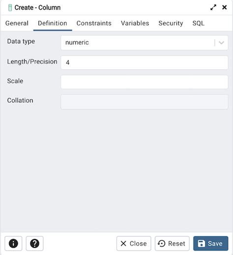 Column Dialog — Pgadmin 4 621 Documentation