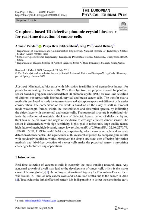 Pdf Graphene Based 1d Defective Photonic Crystal Biosensor For Real Time Detection Of Cancer Cells