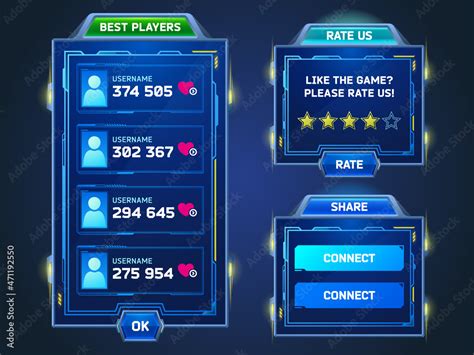 Game Frames In Sci Fi Style With Best Players List Rate And Share Banners Vector Cartoon Set