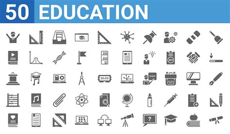 50개의 교육 웹 아이콘 집합입니다 롤링 졸업장 두 팔 벌리기 좋아하는 책 주판 연단 오디오북 측정 도구 노트북의 과학과 같은 채워진 글리프 아이콘 벡터 그림 0명에 대한