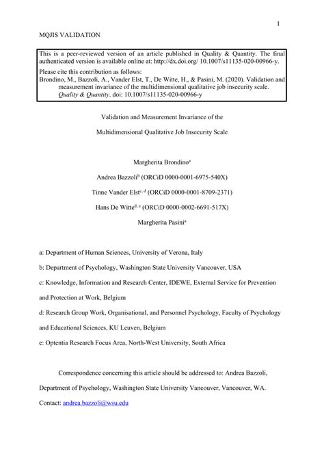 Pdf Validation And Measurement Invariance Of The Multidimensional Qualitative Job Insecurity Scale