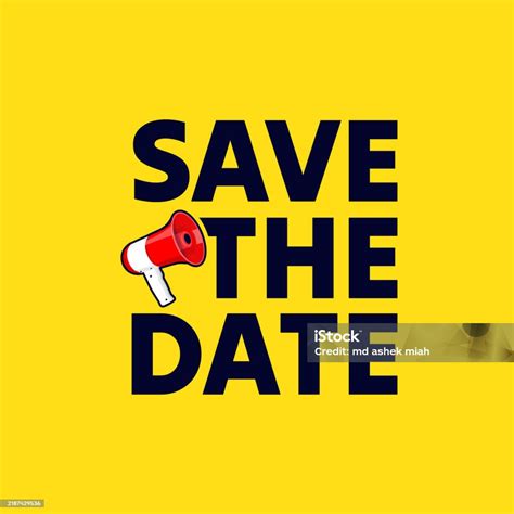 노란색 배경에 고립된 빨간색 확성기 아이콘으로 날짜 텍스트 로고를 저장합니다 중요한 순간을 기억 하 고 달력에 표시된 날짜 날짜 템플릿 배너 포스터를 저장합니다 결혼 의식에