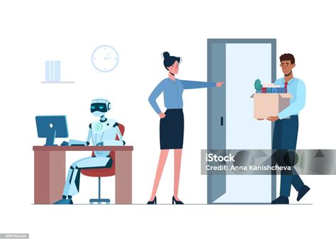 Ai 미래의 기술 인공 지능은 인간을 대체했다 그는 로봇으로 인해 자신의 직업을 잃었다 플랫 벡터가 격리되었습니다 로봇은 직장에 있으며 흑인 아프리카인이 해고됩니다 개념에