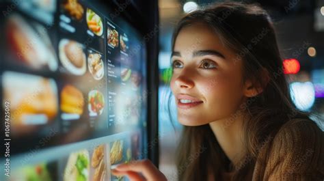 Babe Woman Engaged With Interactive Digital Menu Display For Enhanced Dining Experience Stock