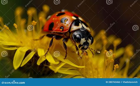 Ladybug On A Dandelion Flower Close Up Macro Idea Of Insects On The