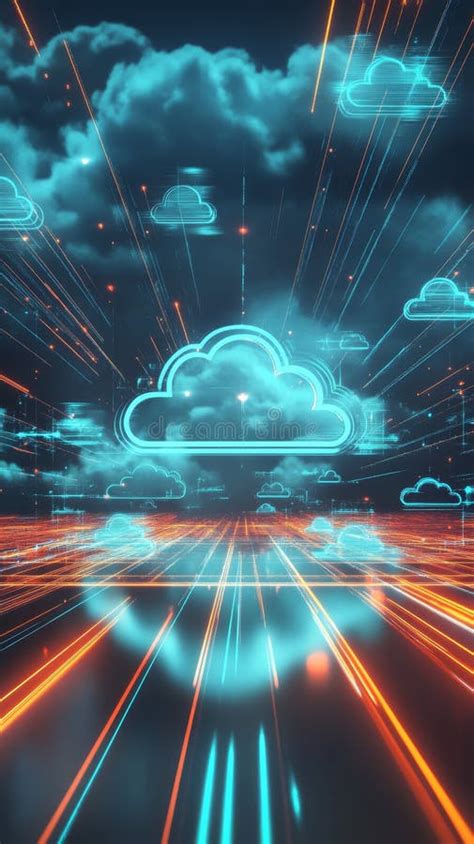 Futuristic Neon Cloud Computing Concept With Digital Network And Data Visualization Stock