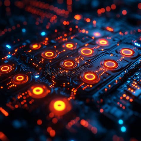 Futuristic Circuit Board With Glowing Orange And Blue Lights In Detailed Close Up Stock Image