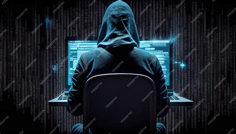 Premium Ai Image Hacker At Desktop Using Laptop With Creative Glowing