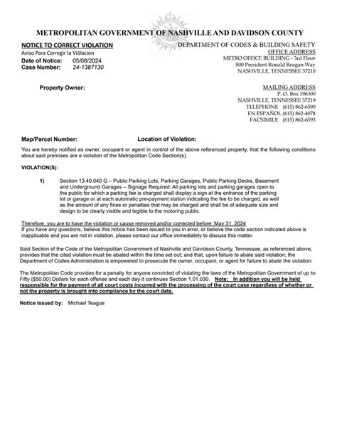 Metro Codes Parking Letter Documentcloud