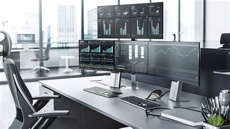 Modern Office Workspace with Multiple Computer Monitors Displaying Data Analytics and Stock ...