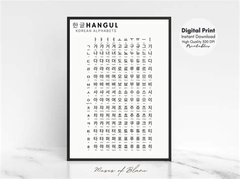 Hangul Chart Korean Learning Language Wall Print Learn Korean Etsy
