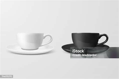 현실적인 벡터 3d 빈 흰색과 검은 커피 차 컵 찻잔 아이콘 근접 촬영 흰색 배경에 고립 브랜드 모형에 대 한 도자기 컵 이나 찻잔 및 접시 접시의 디자인 서식 파일 전면
