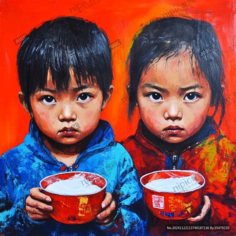 Ai创作图油画小孩 留守儿童墙画 双童献瑞 丙烯肖像画 小朋友画油画 孤儿留守儿童 儿童厚涂油画肌理 丙烯画人物 山村孩童 年画小孩 汉族男孩女孩 童男童女拜年送礼 童男童女捧福 双童 瑶族