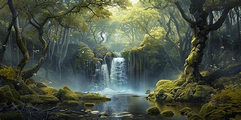 Hutan Fantasi Yang Indah Dengan Air Terjun Di Tengah Sungai Dengan Pemandangan Mistis Air Yang