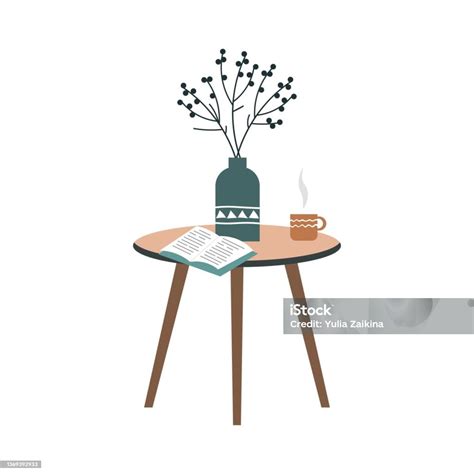 말린 꽃과 커피 테이블과 꽃병 커피 테이블에 예약하고 김이 나는 음료 흰색 고립 된 배경의 인테리어 디자인 요소 플랫 벡터 그림입니다 휘게에 대한 스톡 벡터 아트 및 기타