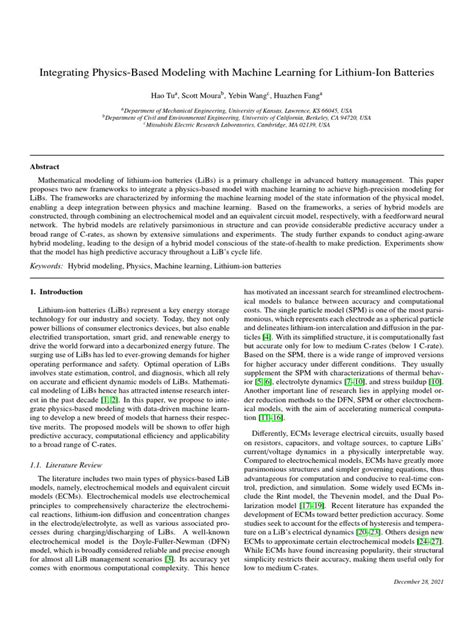Integrating Physics Based Modeling With Machine Learning For Lithium Ion Batteries Pdf