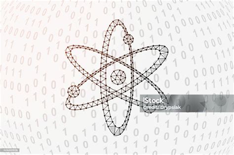 원자 3d 바이너리 코드 배경과 낮은 폴리 기호 원자 중성자 디자인 벡터 일러스트레이션 연결된 점이 있는 분자 다각형 기호 0