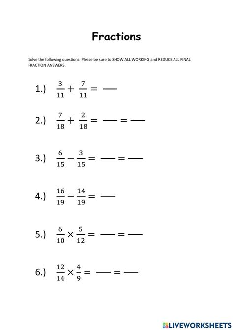 Operations On Fractions Interactive Worksheet Live Worksheets
