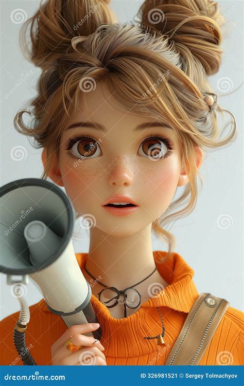 Animated Girl With Brown Hair And Brown Eyes Holds A White Megaphone