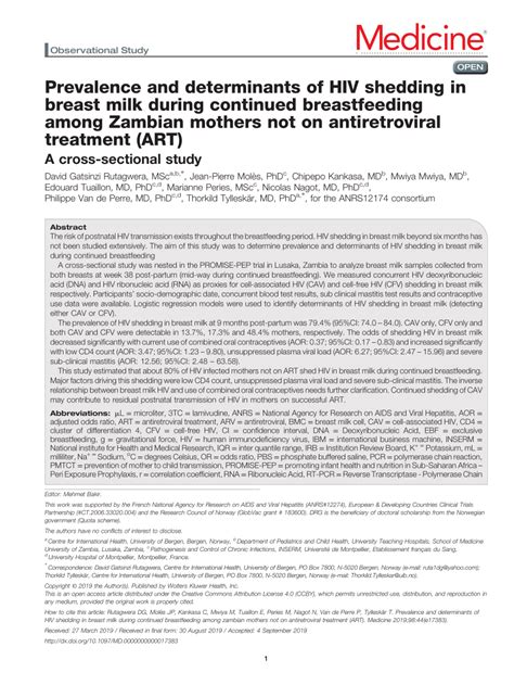 Pdf Prevalence And Determinants Of Hiv Shedding In Breast Milk During Continued Breastfeeding