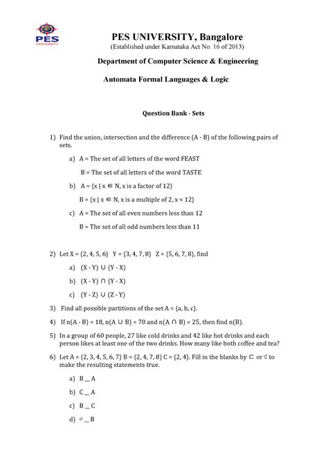 01 Sets Automata Formal Languages And Logic Practice Questions For
