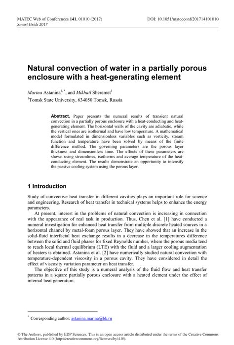Pdf Natural Convection Of Water In A Partially Porous Enclosure With A Heat Generating Element