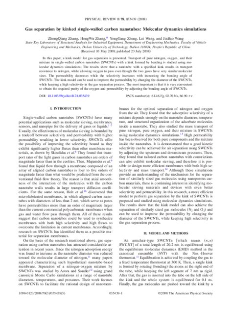 Pdf Gas Separation By Kinked Single Walled Carbon Nanotubes
