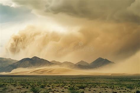 Desert Storm Dust Cloud Over Sand Dunes And Mountains Stock