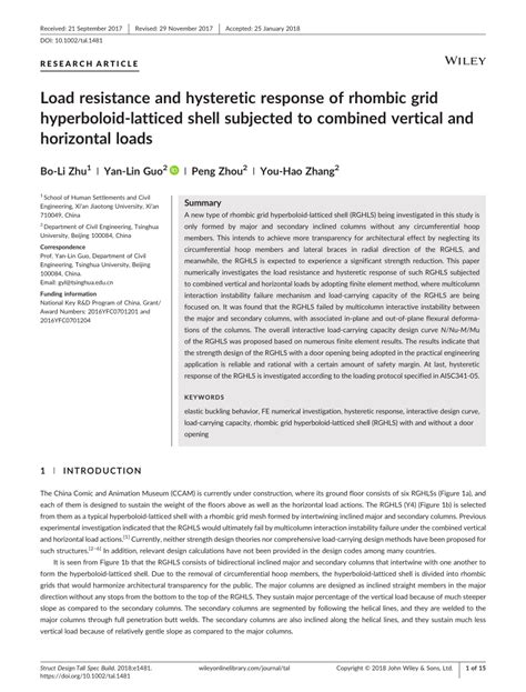Pdf Load Resistance And Hysteretic Response Of Rhombic Grid Hyperboloid Latticed Shell