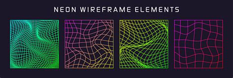 다채로운 와이어 프레임 모양 줄 지어진 투시 메쉬 3d 그리드 로우 폴리 기하학적 요소 복고풍 미래 지향적인 디자인 요소 Y2k 증기 파 및 신스 웨이브 스타일 벡터