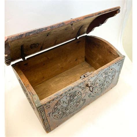 German Dutch Hand Carved Wood Chest Box Or Trunk W Iron Mounts 18th
