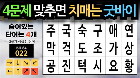 4문제는 풀어야 치매에서 자유로울 수 있습니다 숨은단어찾기 치매예방퀴즈 치매예방 단어퀴즈 낱말퀴즈 치매예방활동 뇌건강 가로세로단어찾기 Youtube