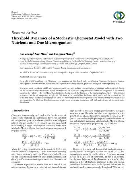 Pdf Threshold Dynamics Of A Stochastic Chemostat Model With Two Nutrients And One Microorganism