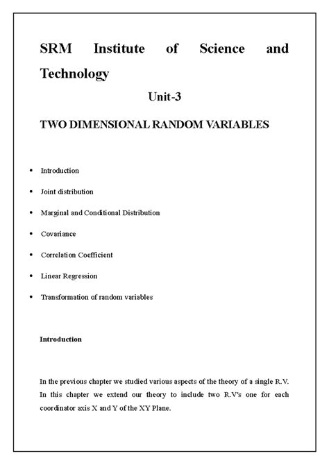 Two Dimensional Random Variables Srm Institute Of Science And Technology Unit Two Dimensional