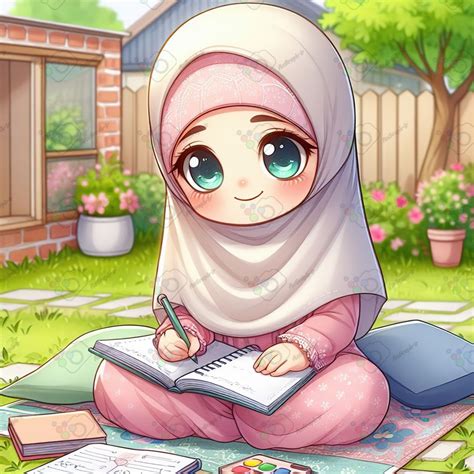 بک گراند کودکانه دختر ناز با حجاب نشسته در حیاط در حال مشق نوشتن کد