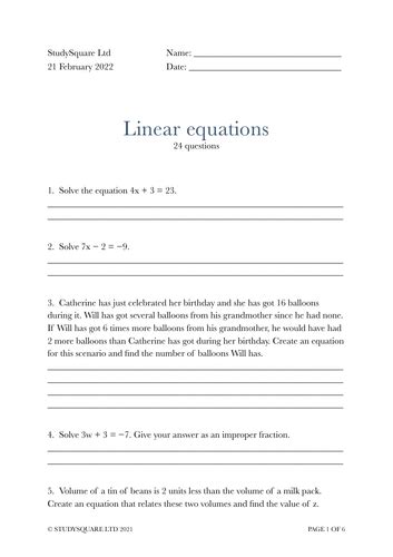 Sqa National 5 Maths Linear Equations Slides Worksheet Mark Sheet
