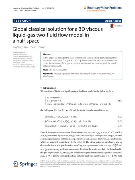 Pdf Global Classical Solution For A 3d Viscous Liquid Gas Two Fluid