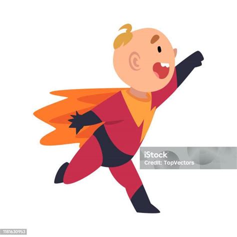 소년 에 A 슈퍼 히어로 의상 즐겁게 실행 와 그의 팔 뻗어 만화 벡터 일러스트 슈퍼히어로에 대한 스톡 벡터 아트 및 기타