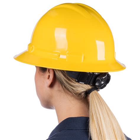 duo safety yellow full brim style hard hat with 4 point ratchet suspension