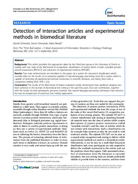 Pdf Detection Of Interaction Articles And Experimental Methods In Biomedical Literature