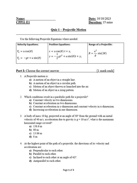 11cpp E1 Quiz 1 Projectile Motion Pdf Acceleration Classical