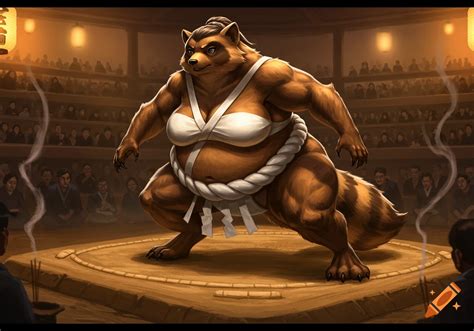 A Strong Female Tanuki Sumo Wrestler Poses In A Sumo Ring Surrounded