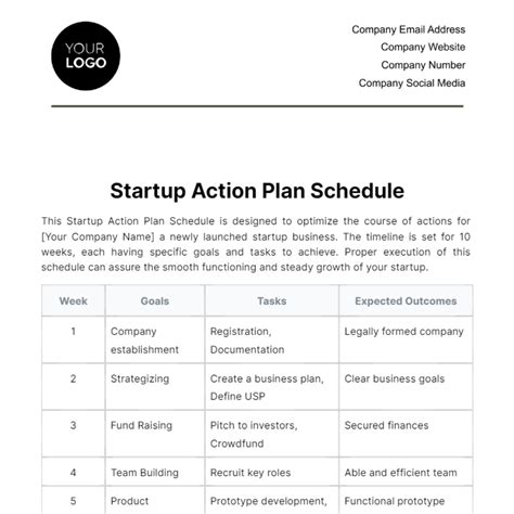 Startup Action Plan Schedule Template Edit Online And Download Example