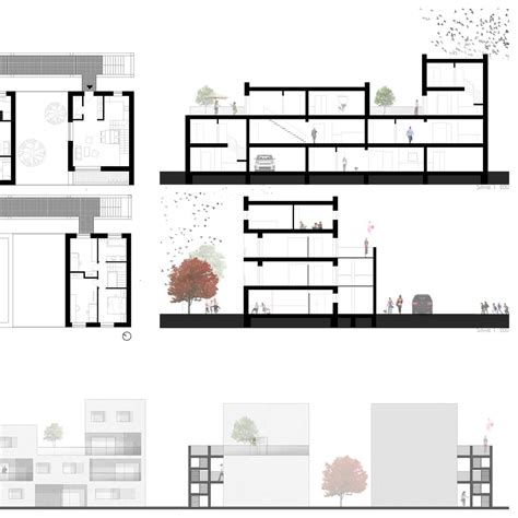 ISSUU architecture portfolio by Tereza Čermáková floor plans on top elevations on bottom and