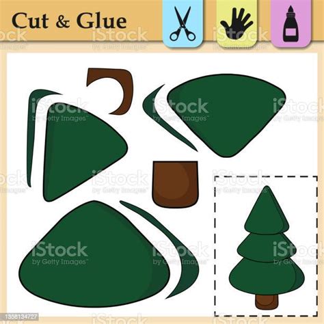 아이들을위한 종이 게임 아플리케 귀여운 에버그린 트리를 만듭니다 잘라 내고 접착제 겨울 기호 교육 및 논리 게임 어려운 수준입니다 가위 연습 모터 절단에 딱 맞는 워크 시트