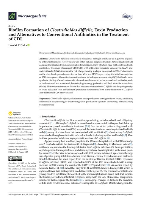 Pdf Biofilm Formation Of Clostridioides Difficile Toxin Production And Alternatives To