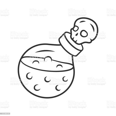 죽음의 물약 선형 아이콘입니다 가는 선 그림입니다 두개골연금과 연금술 액체 병 마법의 비약 음료 유리 플라스크에 마법사 독 벡터 절연 윤곽선 도면 편집 가능한 스트로크 건강