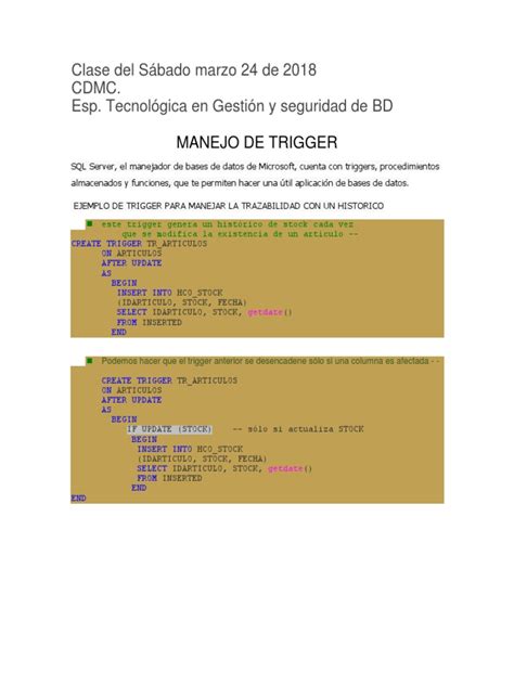 Manejo De Triggers Sql Server Pdf Sql Servidor Sql De Microsoft