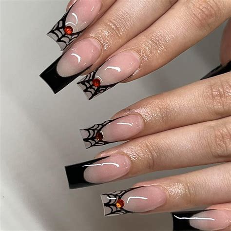 Ocouyvd Halloween Press On Nails Long French Tip Fake Nails With Black Spider Web Designs Long