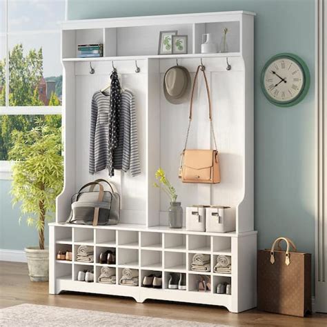 Reviews For Qualler White Entryway Bench Hall Tree With 24 Shoe Cubbies Pg 1 The Home Depot